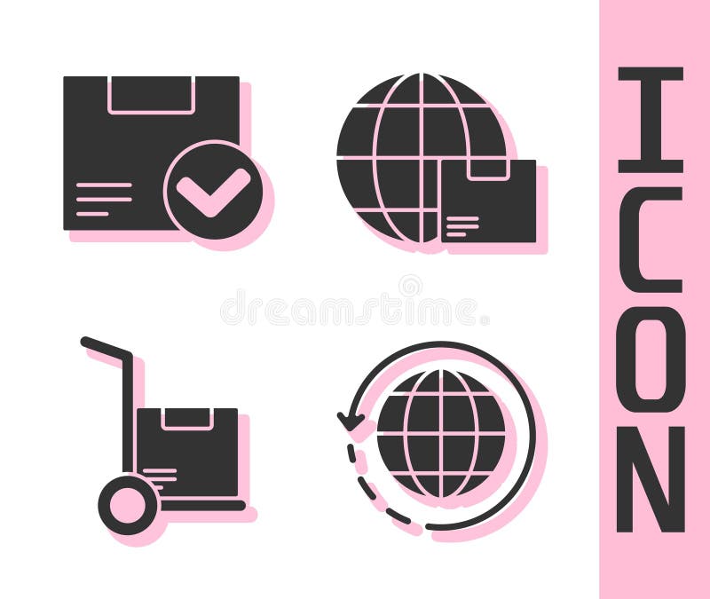 Set Worldwide Shipping and Box, Package Box with Check Mark, Hand Truck ...