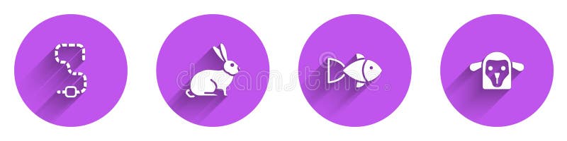 Set Worm, Rabbit, Fish and Sheep Head Icon with Long Shadow. Vector ...