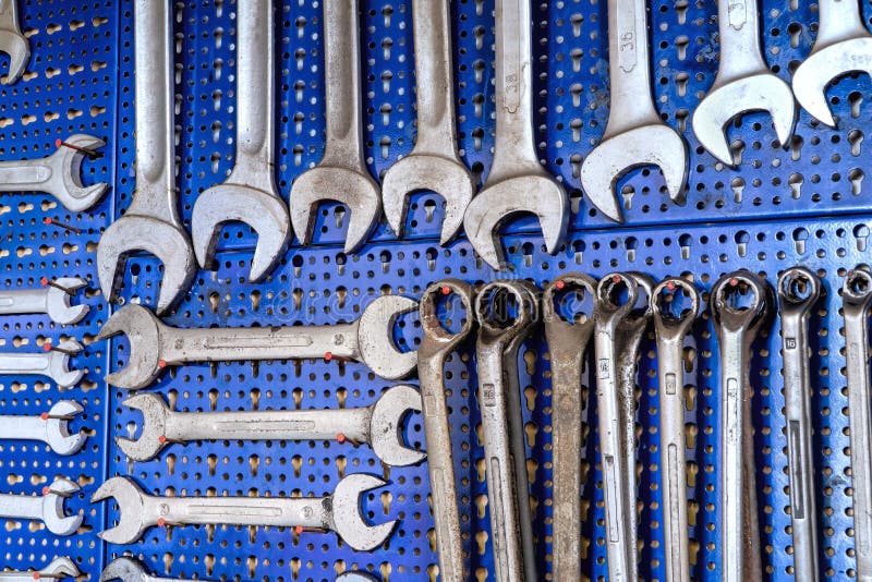 A Set of Worn Combination Wrenches and Box-ends Wrenches. Utensils ...