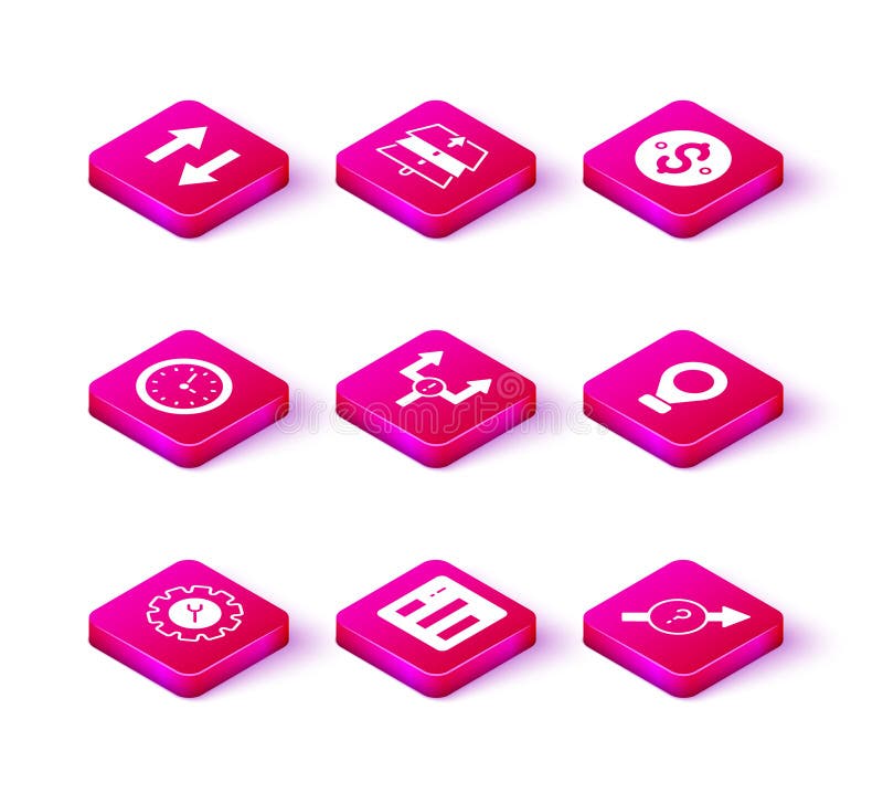 Set Wrench and Gear, Pie Chart Infographic, Clock, Arrow, Location, Dollar Symbol and Layers ...