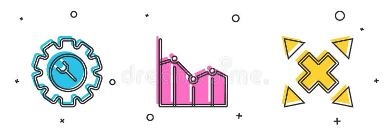 Set Wrench and Gear, Pie Chart Infographic and Many Ways Directional Arrow Icon. Vector Stock ...