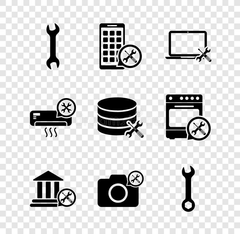 Set Wrench, Mobile Apps Service, Laptop, Bank Building, Photo Camera ... Set Wrench, Mobile Apps Service, Laptop, Bank Building, Photo Camera ...