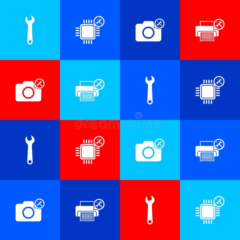 Set Wrench, Processor Service, Photo Camera and Printer Icon. Vector ...