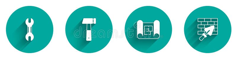 Set Wrench Spanner, Hammer, House Plan and Brick Wall with Trowel Icon ...