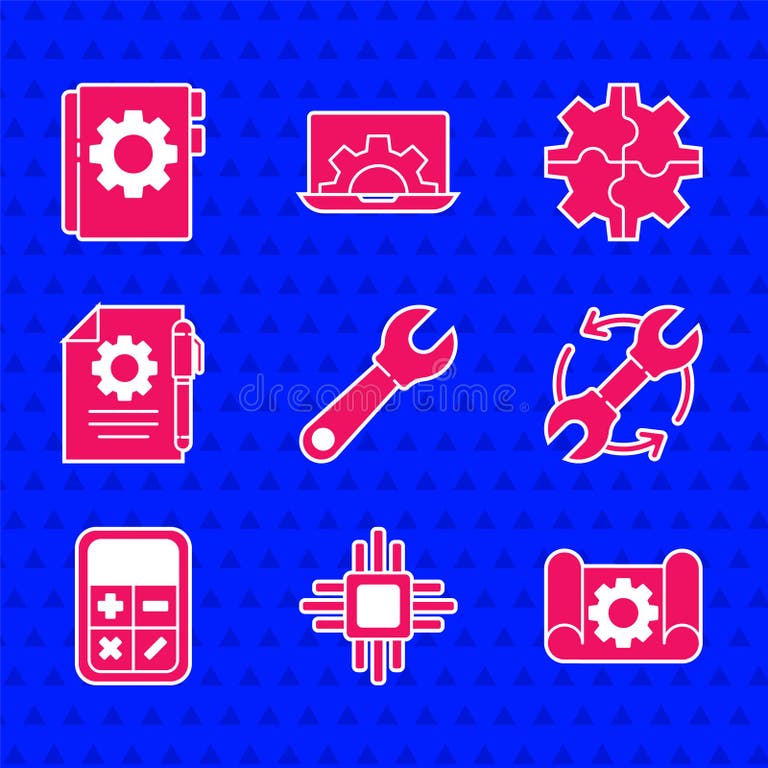 Set Wrench Spanner, Processor with Microcircuits CPU, Graphing Paper and Gear, Arrows As ...