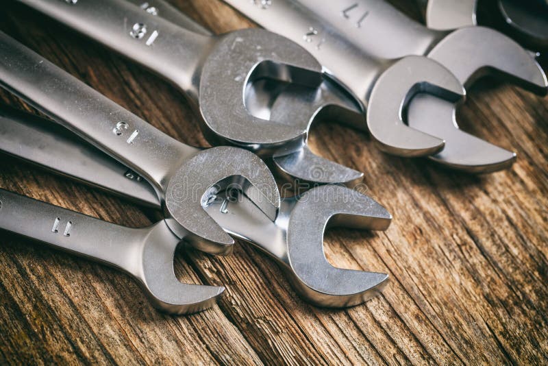 Set of Wrenches on Wooden Background Stock Image - Image of industrial ...