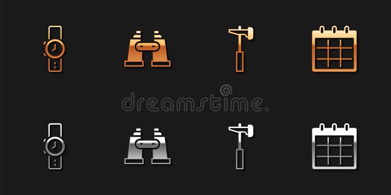Set Wrist Watch, Binoculars, Hammer and Calendar Icon. Vector Stock ...