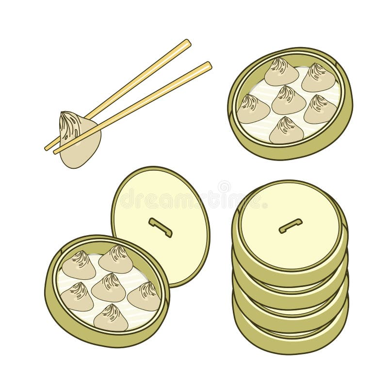 Set of Xiao Long Bao and Bamboo Steamers Vector Illustration Stock ...
