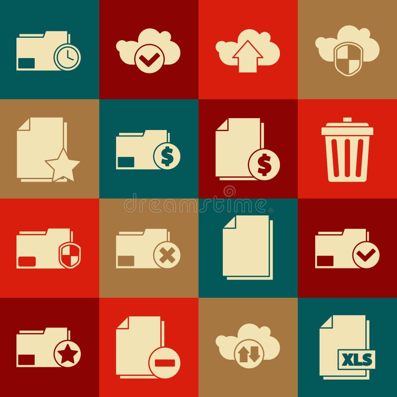 Set XLS File Document, Document Folder and Check Mark, Trash Can, Cloud ... Set XLS File Document, Document Folder and Check Mark, Trash Can, Cloud ...