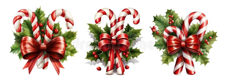 Set Xmas Candy Cane with Bow and a Holly Berries Stock Illustration ...