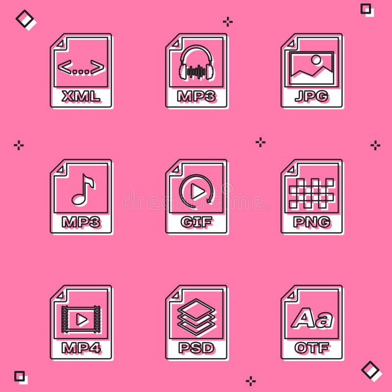 Set XML File Document, MP3, JPG, , GIF and PNG Icon. Vector Stock ... Set XML File Document, MP3, JPG, , GIF and PNG Icon. Vector Stock ...