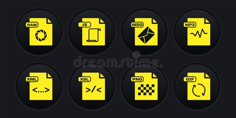 Set XML File Document, MP3, XSL, PNG, MSG, JS, GIF and RAW Icon. Vector ... Set XML File Document, MP3, XSL, PNG, MSG, JS, GIF and RAW Icon. Vector ...