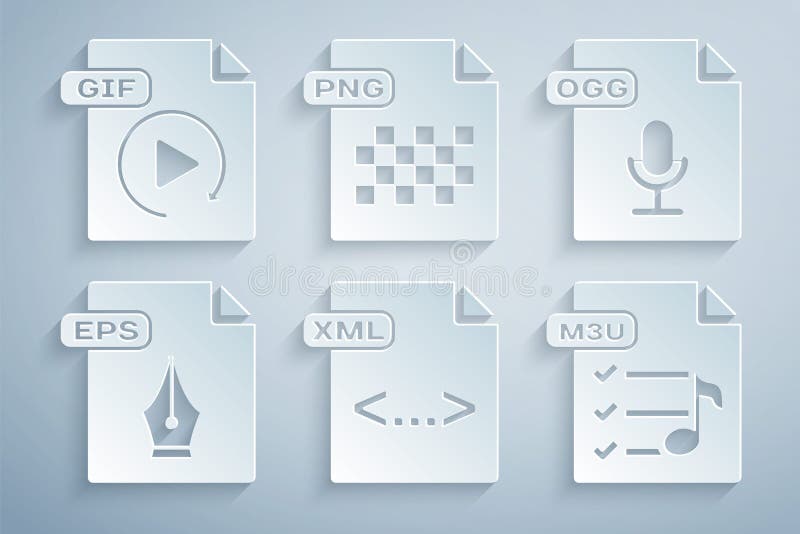 Set XML File Document, OGG, EPS, M3U, PNG and GIF Icon. Vector Stock ... Set XML File Document, OGG, EPS, M3U, PNG and GIF Icon. Vector Stock ...