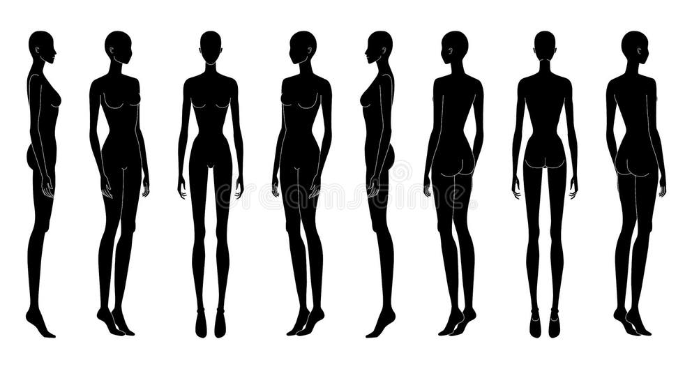 Set Of Xs Size Women Silhouette Fashion Template 9 Nine Head Croquis