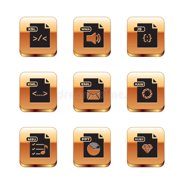 Set XSL File Document, M3U, PPT, EML, XML, JS, RUBY and WMA Icon. Vector Stock Vector ...
