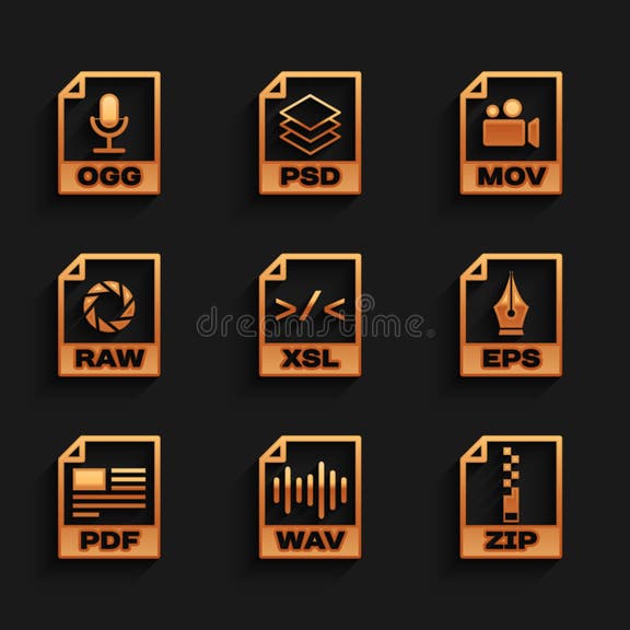 Set XSL File Document, WAV, ZIP, EPS, PDF and RAW Icon. Vector Stock Illustration - Illustration ...