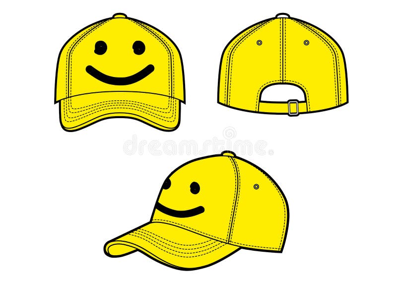 Set Yellow Baseball Cap with Buckle Slide Strap Vector. Smile Print on ...