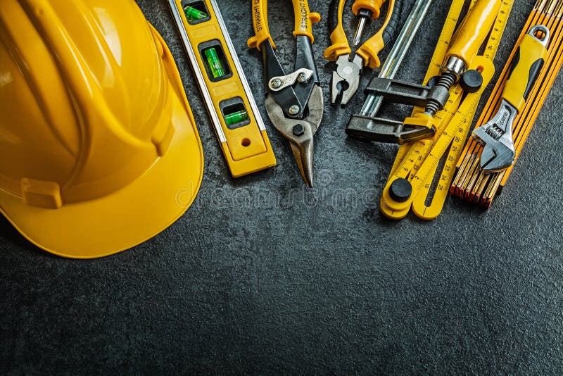 Set of Yellow Construction Tools on Black Background Stock Image ...