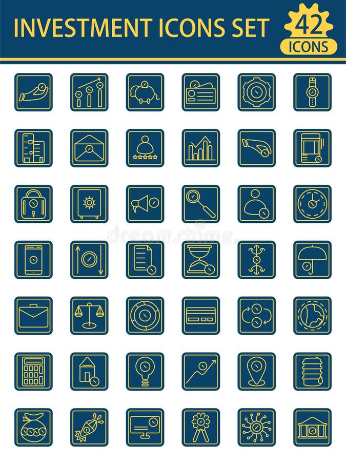 Set of Yellow Linear Style Investment Icons on Blue Square Stock ...