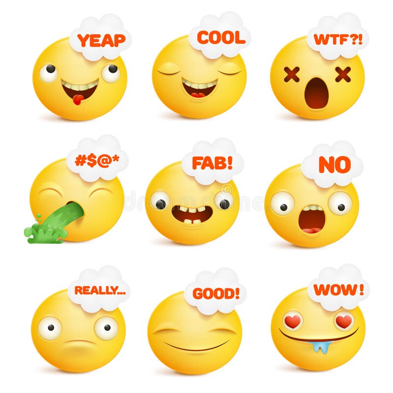 Set of Yellow Smiley Face Emoticon Characters in Various Emotions Stock ...