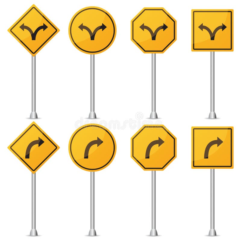 Set of Yellow Traffic Sign Turn. Vector Illustration Stock Vector ...