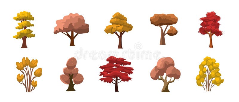 Set of Yellow Trees, Cartoon Style Vector Illustration, Autumn Tree ...