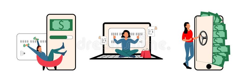 Set of Young Cartoon Characters Using Mobile Banking Apps and Wallets ...