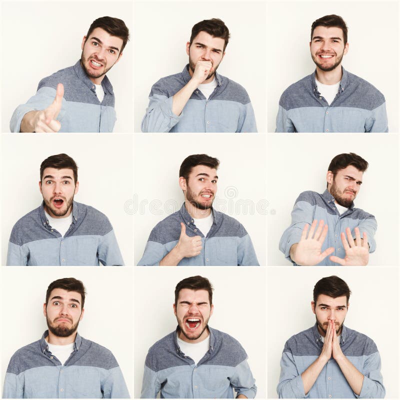 Set of Young Man Different Emotions at White Studio Background Stock ...