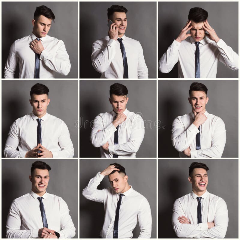 Set of Young Man Different Emotions at Gray Studio Background Stock ... Set of Young Man Different Emotions at Gray Studio Background Stock ...