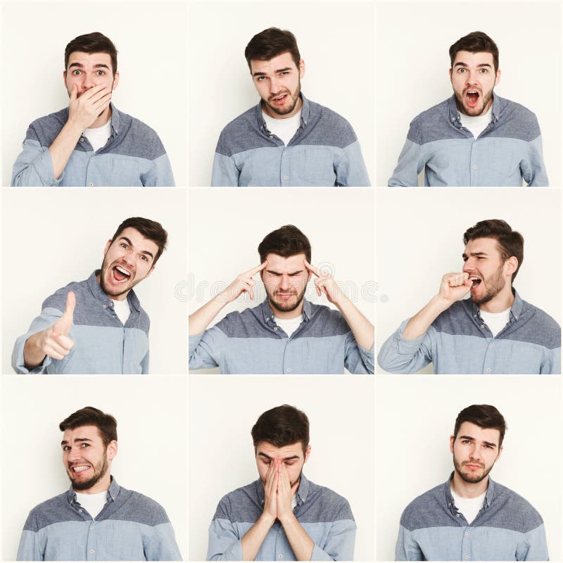 Set of Young Man Different Emotions at White Studio Background Stock ...