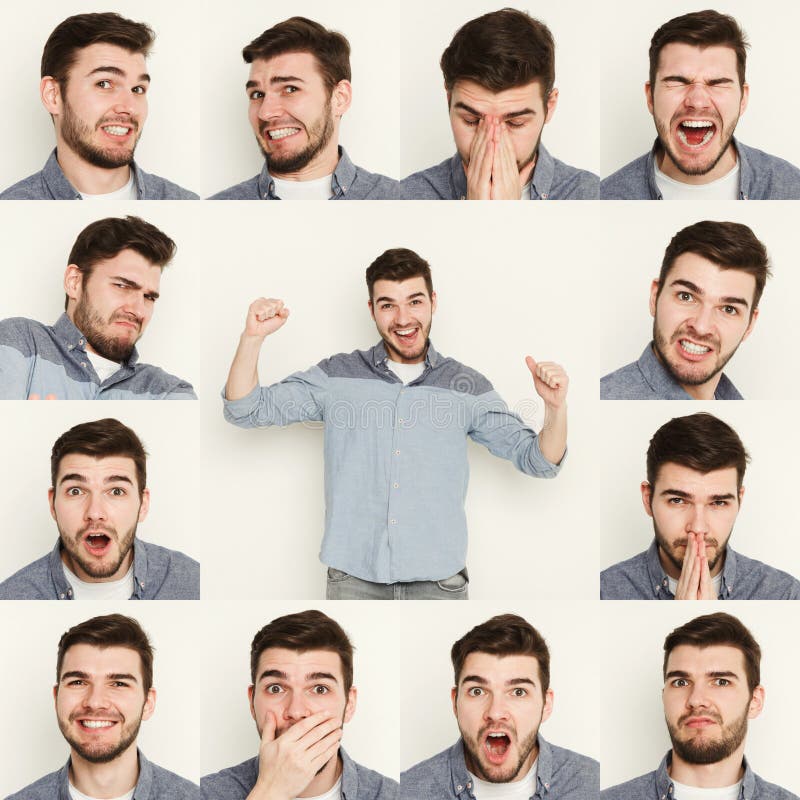 Set Of Young Man Different Emotions At White Studio Background Stock ...