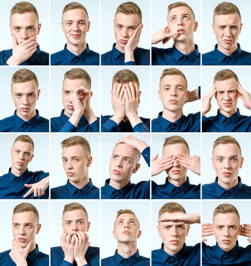 Set of Young Man`s Portraits with Different Emotions and Gesture Stock ...