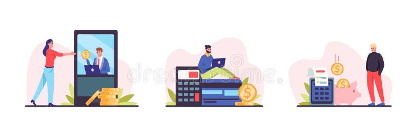 Set of Young People Investing and Managing Their Money Using Banking ...