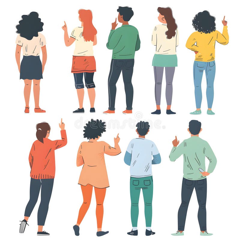 Set of Young People Standing Back To Back, Rear View, Vector ...