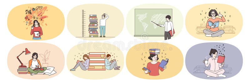 Set of Young People Study with Books Stock Vector - Illustration of ...