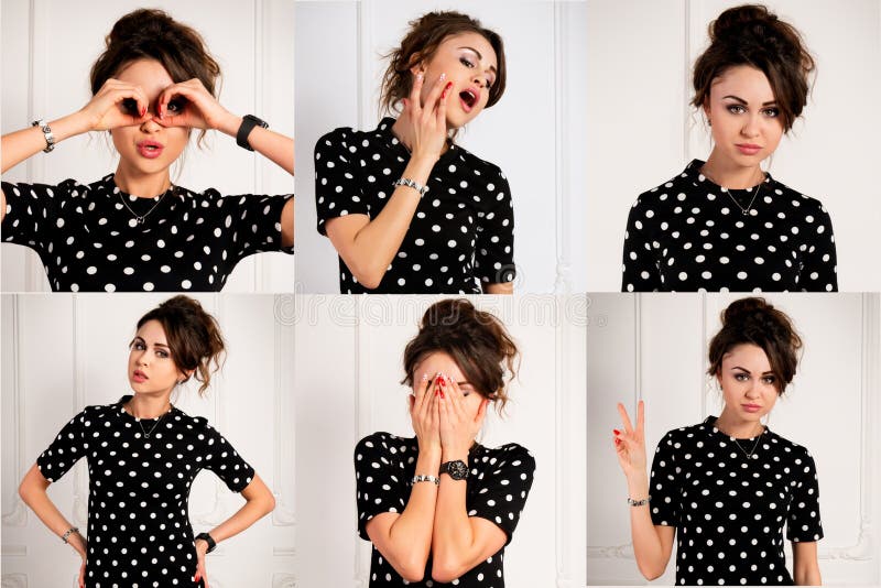 Set Of Young Woman`s Brunette Portraits With Different Emotions Stock