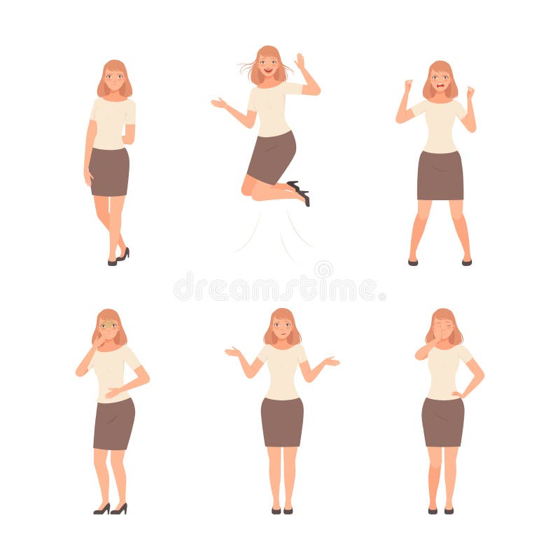 Set Of Young Woman Showing Various Emotions And Gestures Girl