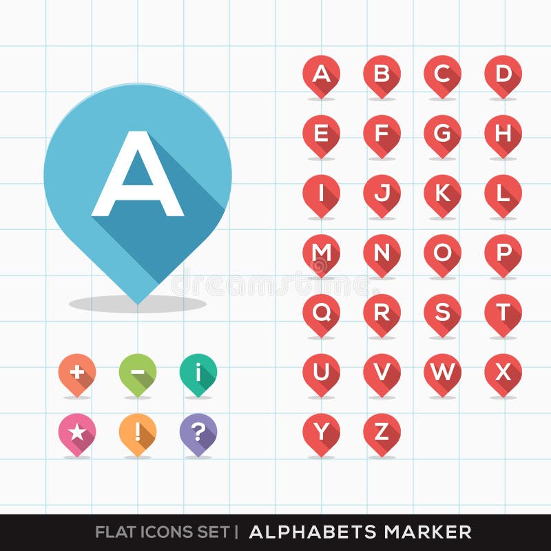 Set of a-Z Alphabet Pin Marker Flat Icons with Lon Stock Vector ...