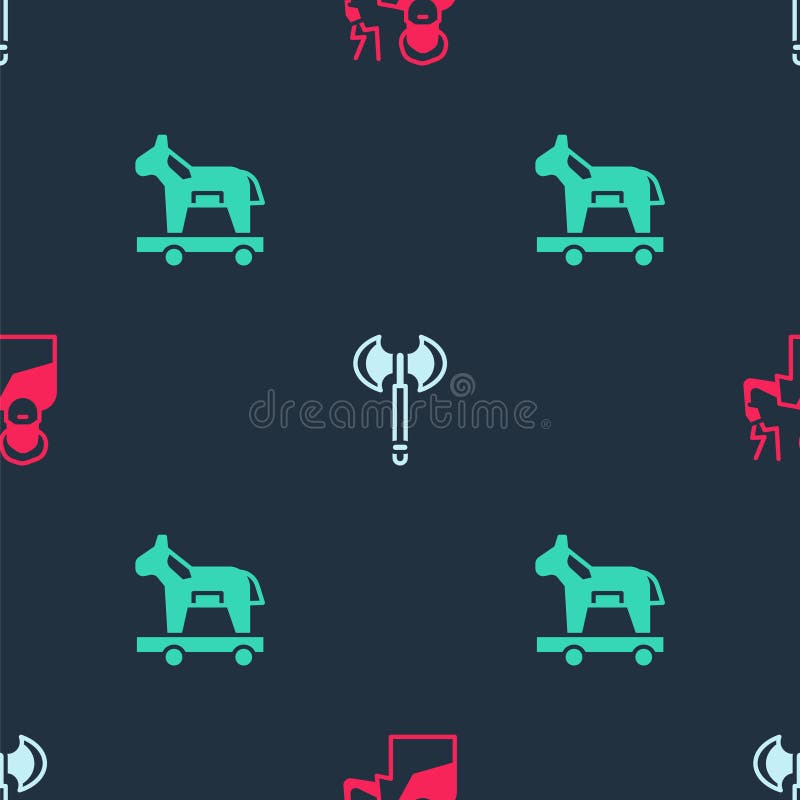 Set Zeus, Medieval Axe and Trojan Horse on Seamless Pattern. Vector ...