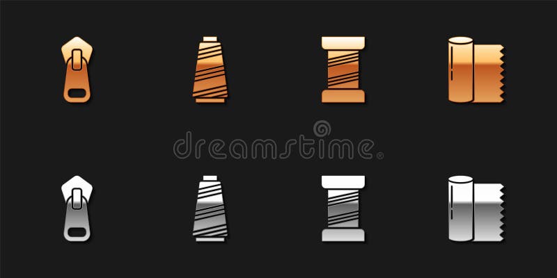 Set Zipper, Sewing Thread, and Textile Fabric Roll Icon. Vector Stock ...