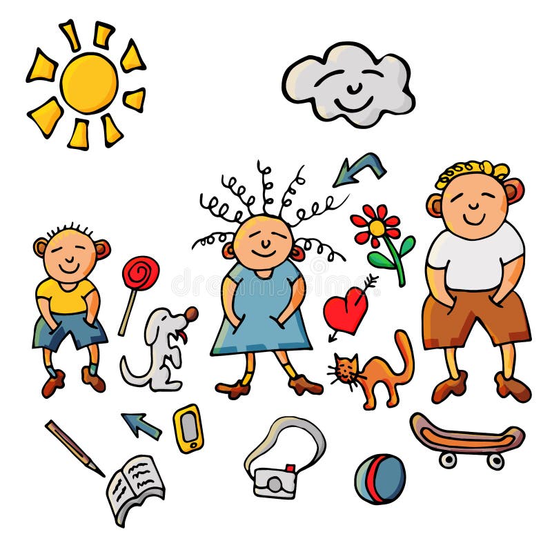 Seth Doodling Drawing of a Cat Dog Children and Different Things.Vector ...