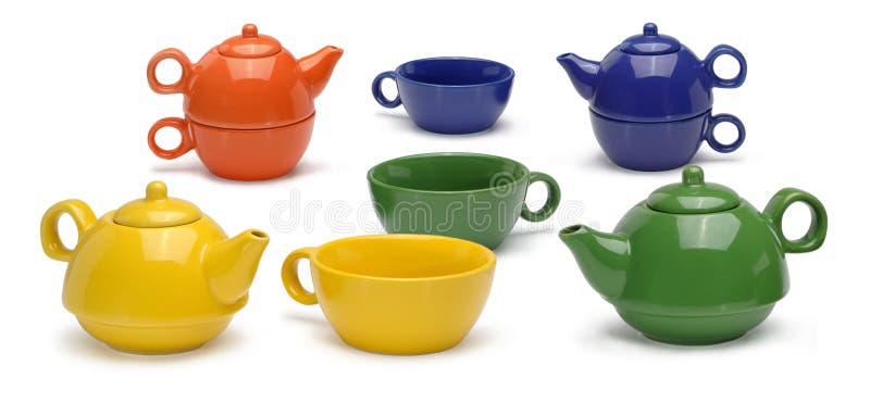 Sets of Colored Ceramic Teapots and Mugs on White Stock Photo - Image ...