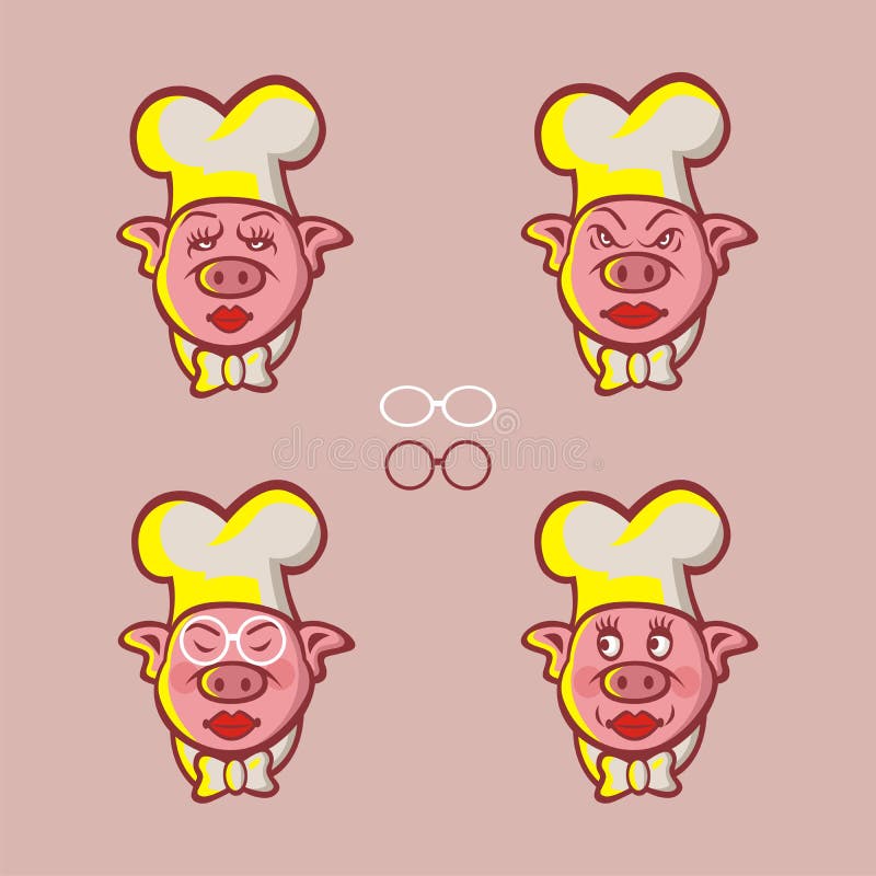 4 Sets of Female Pig Chef Face Character Illustration Stock Vector ...