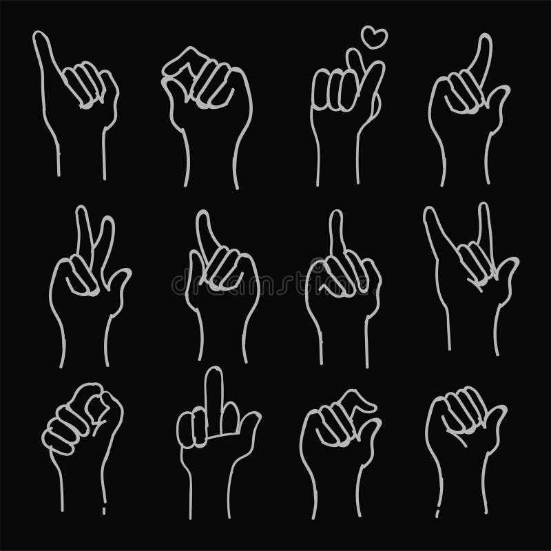 Sets of Sign Language Theme Doodle Collection in Black Isolated ...