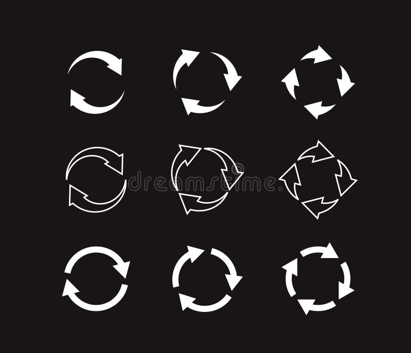 Sets of White Circle Arrows on Black Background. Vector Outline Icons ...