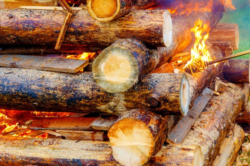 Setting Big Bonfire Made of Logs on Fire with Torch. Stock Photo ...