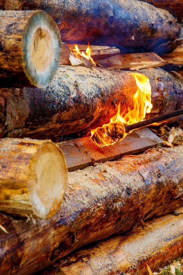 Setting Big Bonfire Made of Logs on Fire with Torch. Stock Image ...