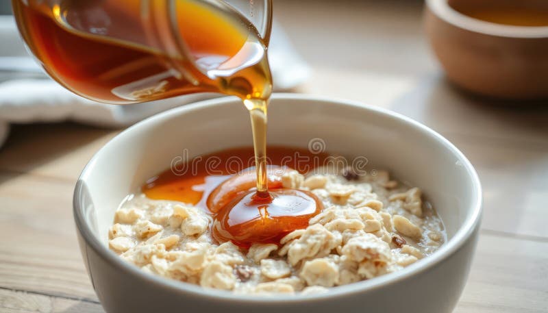 Oatmeal with Syrup Drizzle in a Rustic Kitchen Setting Stock ...