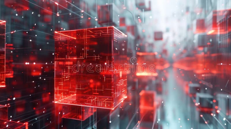 Abstract Digital Blocks in a Futuristic Red and Black Space, with a ...