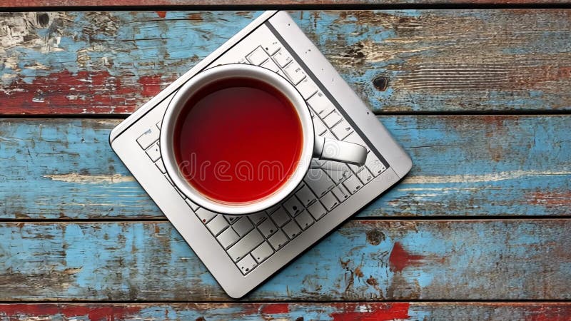 A Close-up View of a Cup of Tea Resting on a Vintage Keyboard Against a ...